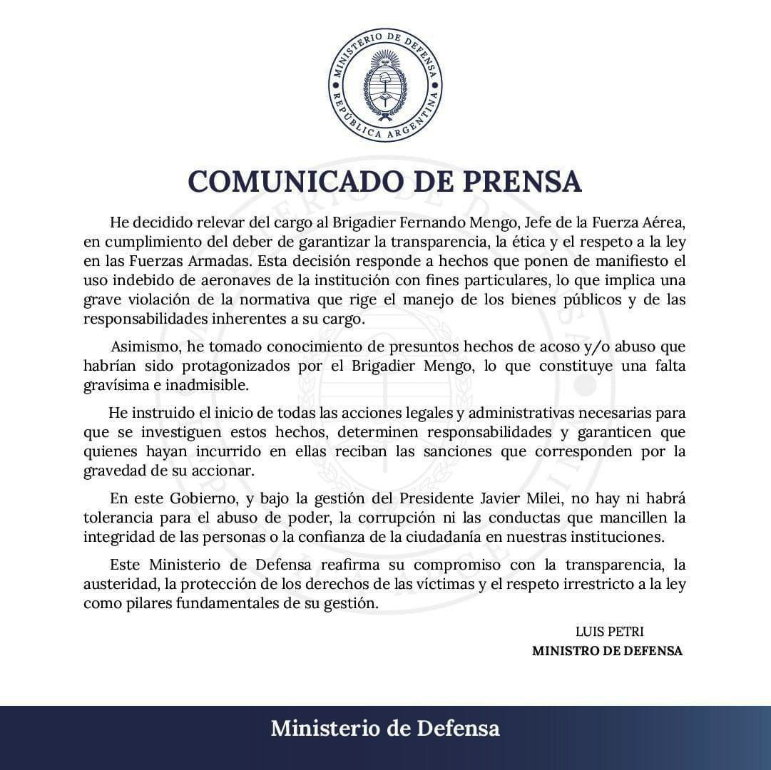 Argentina - Milei destitui Brigadeiro Fernando Mengo, Comandante da ...